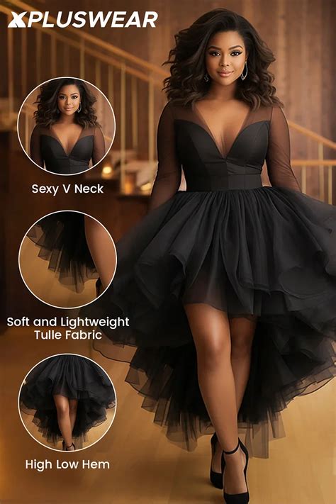 Xpluswear Design Plus Size Cocktail Party Black V Neck Long Sleeve High