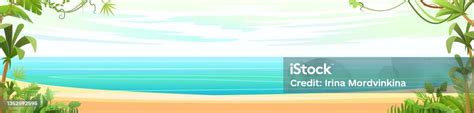 바다 해변 여름 바다 풍경 멀리 떨어진 바다 의 지평선입니다 차분한 날씨 조개와 정글 야자수 수평 조성물입니다 플랫 스타일 일러스트레이션 벡터 개념에 대한 스톡 벡터 아트