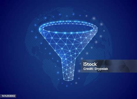 깔때기 3d 낮은 폴리 기호 파란색 세계지도 배경 데이터 필터 개념 디자인 그림입니다 연결된 점이 있는 빅데이터 다각형 기호