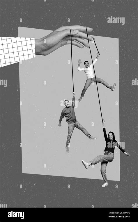 collage photo of three people hanging string rope hand hold them funny