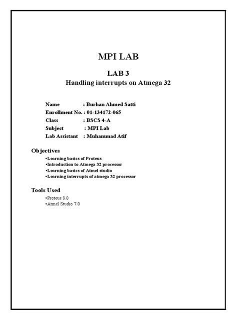 Mpi Lab Handling Interrupts On Atmega 32 Pdf Computers