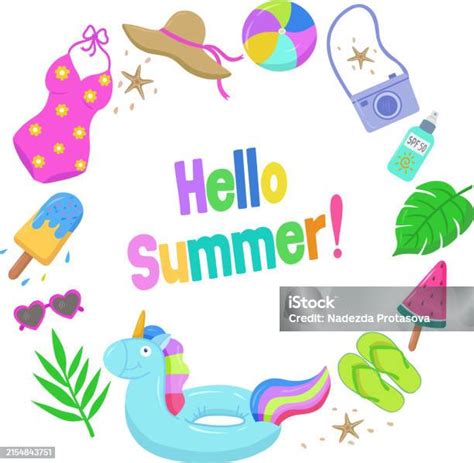 안녕하세요 여름 벡터 배경 템플릿입니다 모자 아이스크림 수영복 불가사리 선글라스 유니콘 카메라 슬리퍼 형태의 다채로운 해변