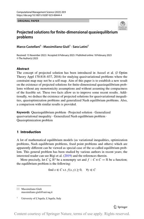 Pdf Projected Solutions For Finite Dimensional Quasiequilibrium Problems