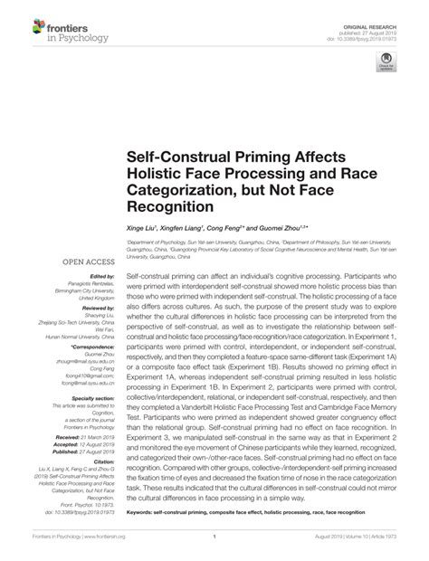 Pdf Self Construal Priming Affects Holistic Face Processing And Race Categorization But Not