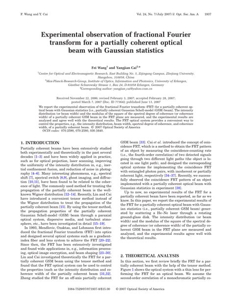Pdf Experimental Observation Of Coincidence Fractional Fourier Transform With A Partially