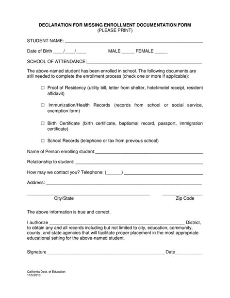 Declaration For Missing Enrollment Documentation Form California In