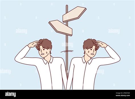 Two Men Stand At Crossroads And Look At Different Sides Sweating