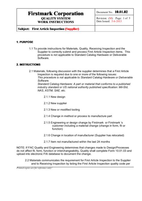 First Article Inspection Procedure Template First Article Inspection