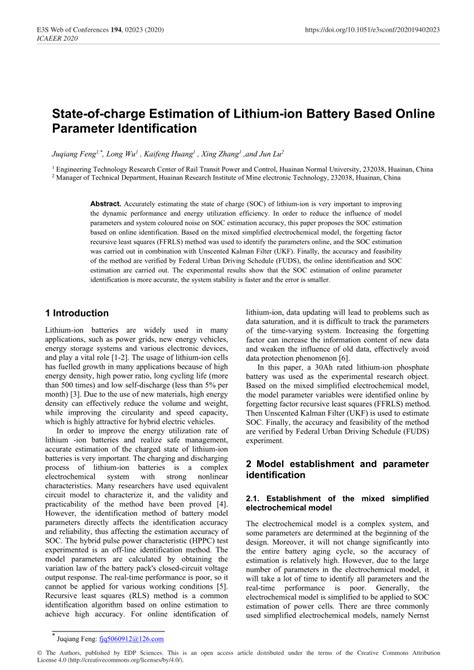 Pdf State Of Charge Estimation Of Lithium Ion Battery Based Online Parameter Identification