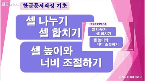 18 한글 문서작성 기초 셀 나누기와 셀 합치기 셀 높이와 너비를 같게 youtube
