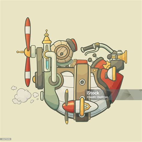 말풍선이 있는 스팀펑크 스타일의 플라잉 Airship 프로펠러 및 휠 발명에 대한 스톡 벡터 아트 및 기타 이미지 발명 스팀펑크 기어 기계 부분 Istock