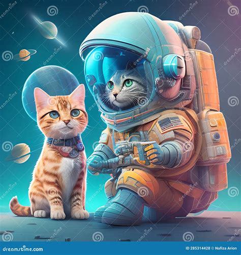 Illustration Of A Cat Wearing An Astronaut Costume In Outer Space Stock