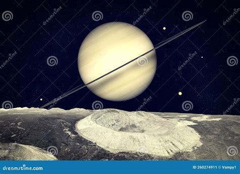 View Of Saturn From One Of Its Moons Craters And Rock Conformations Exploration Stock Image