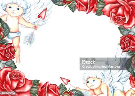 빨간 장미와 큐피드가 있는 액자 손으로 그린 수채화 그림입니다 연인 발렌타인 데이 결혼식을 위한 인사말 카드 포장 포스터 및