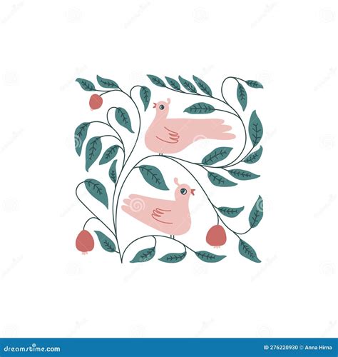 Two Pink Birds On A Branch Of A Fruit Tree Clip Art Doodle Vector Illustration Isolated On A