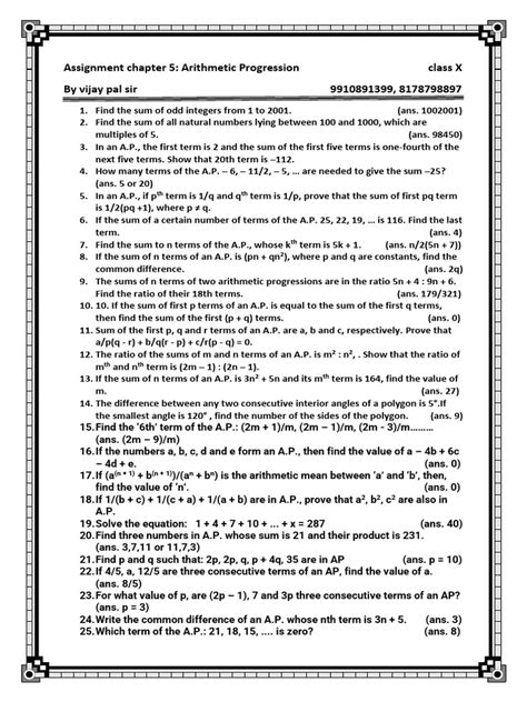 Assignment Chapter 5 Arithmetic Progression Class X Pdf Number