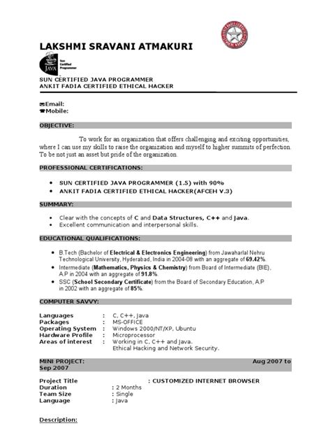 Sravani Resume Java Programming Language Programmer