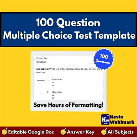 100 Question Multiple Choice Test Template With Answer Key Fully Editable