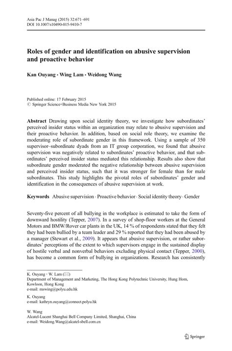 PDF Roles Of Gender And Identification On Abusive Supervision And Proactive Behavior