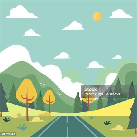 풍경의 배경입니다 푸른 계곡의 길 산 언덕 구름 하늘의 태양 봄 또는 여름 자연의 평면 일러스트레이션 스타일입니다 0명에 대한 스톡 벡터 아트 및 기타 이미지 Istock