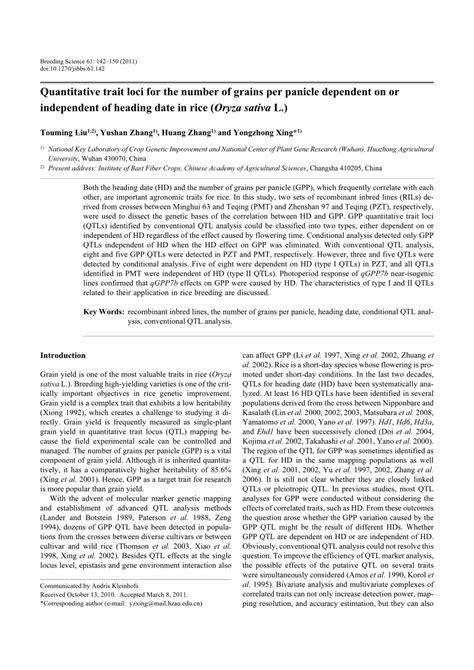 Pdf Quantitative Trait Loci For The Number Of Grains Per Panicle