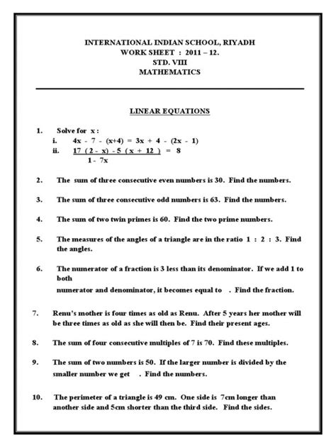 Linear Equations Worksheet Grade 8 Pdf Printable Pdf Template