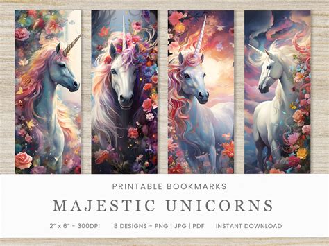 8 Majestic Unicorn Printable Bookmarks Digital Download Ready To