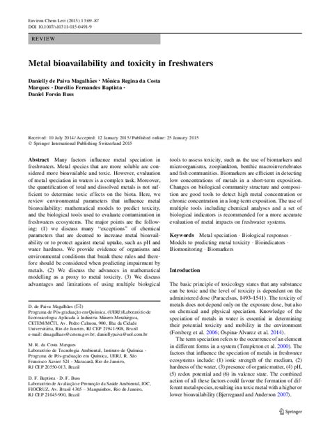 Pdf Metal Bioavailability And Toxicity In Freshwaters