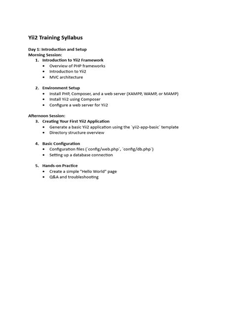 yii2 training syllabus pdf networking internet and web