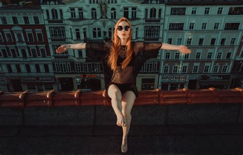 Wallpaper Girl Pose The Situation Hands Glasses Red Redhead On The Roof For Mobile And
