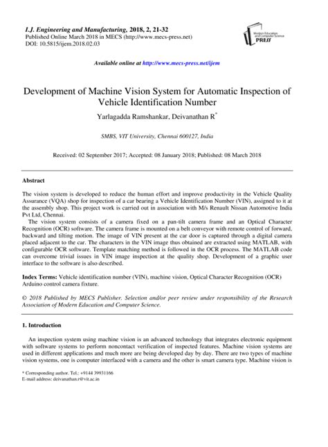 Development Of Machine Vision System For Automatic Inspection Of Vehicle Identification Number
