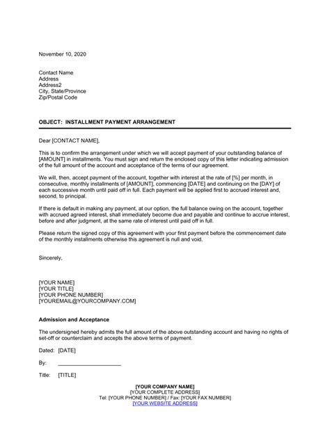 Installment Payment Arrangement Letter Template Word And Pdf Free Trial