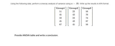 Solved Using The Following Data Perform A Oneway Analysis