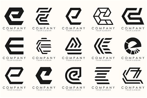 편지 E 추상 로고 디자인 기호의 컬렉션입니다 문자가 있는 기하학적 로고 메가 컬렉션 0명에 대한 스톡 벡터 아트 및 기타