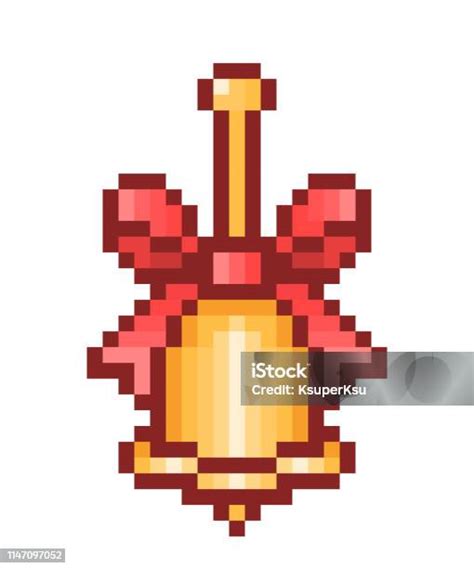 빨간 리본 활 흰색 배경에 고립 된 픽셀 아트 아이콘으로 장식 된 핸들을 가진 황금 종 학교 개체로 돌아가기 경고 기호입니다 크리스마스 장식품입니다 복고풍 8090 년대 8