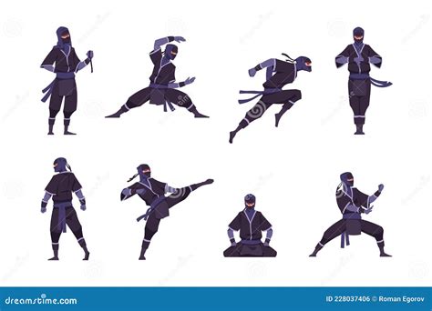 Ninja Fight Cartoon Scene With Ancient Japanese Warriors In Black