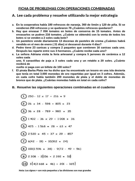 Ficha De Problemas Con Operaciones Combinadas Pdf