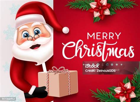 크리스마스 산타 벡터 템플릿 디자인 메리 크리스마스 인사말 텍스트 레드 보드 공간에서 산타 클로스 캐릭터가 크리스마스 휴가 시즌 카드를위한 선물 요소를 들고 있습니다 산타