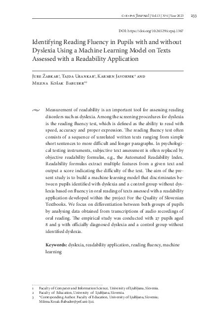 pdf identifying reading fluency in pupils with and without dyslexia