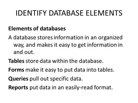 Identify Database Elements Elements Of Databases A Database