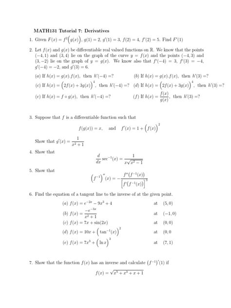 7 Tut 7 Questions Pdf Derivative Differential Calculus