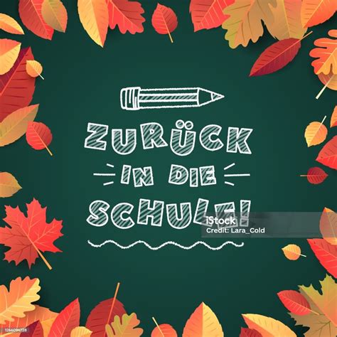 독일어 다시 학교 텍스트 그린 칠판에 흰색 분필로 그림 단풍 교육 벡터 일러스트 배너 번역 학교로 돌아가기 환영합니다 9월에 대한 스톡 벡터 아트 및 기타 이미지 Istock