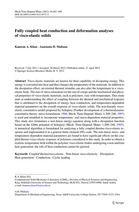 Pdf Fully Coupled Heat Conduction And Deformation Analyses Of Visco Elastic Solids