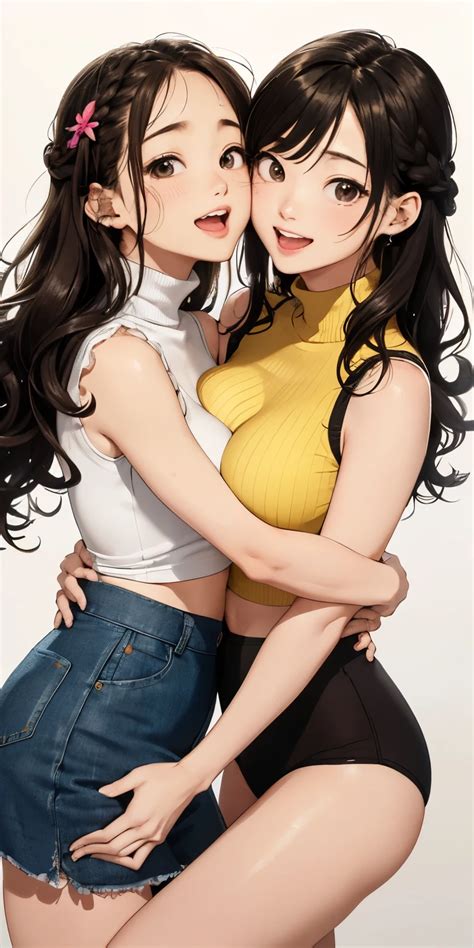 짧은 치마를 입은 두 여자가 서로 껴안고 있는 포즈 Seaart Ai