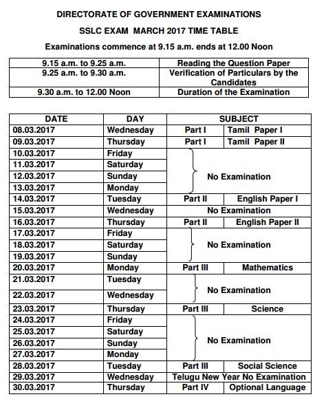 Tamil Nadu SSLC Supplementary Time Table TN Board Th Compartment Schedule