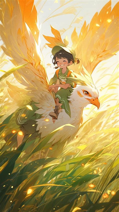 Premium Ai Image Anime Girl Riding A Bird With Wings In A Field