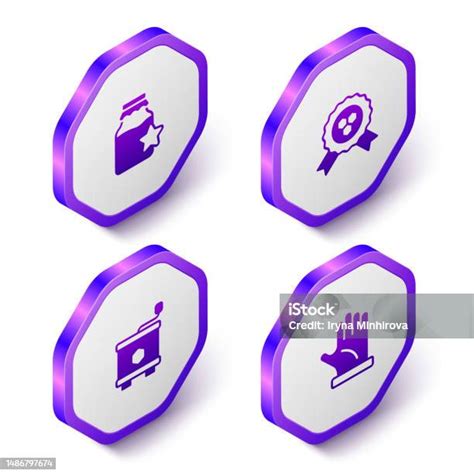 꿀 꿀 상 추출기 및 양봉가 장갑 아이콘의 아이소메트릭 항아리를 설정합니다 보라색 육각형 버튼 벡터 3차원 형태에 대한 스톡 벡터 아트 및 기타 이미지 Istock