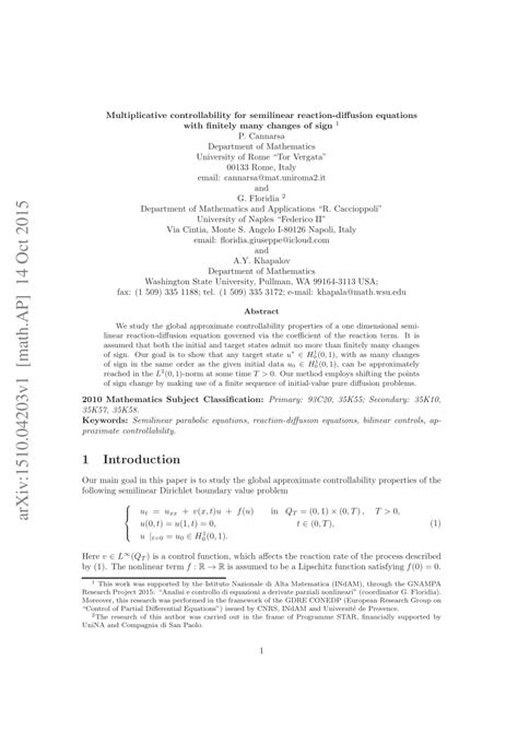 Pdf Multiplicative Controllability For Semilinear Reaction Diffusion Equations With Finitely