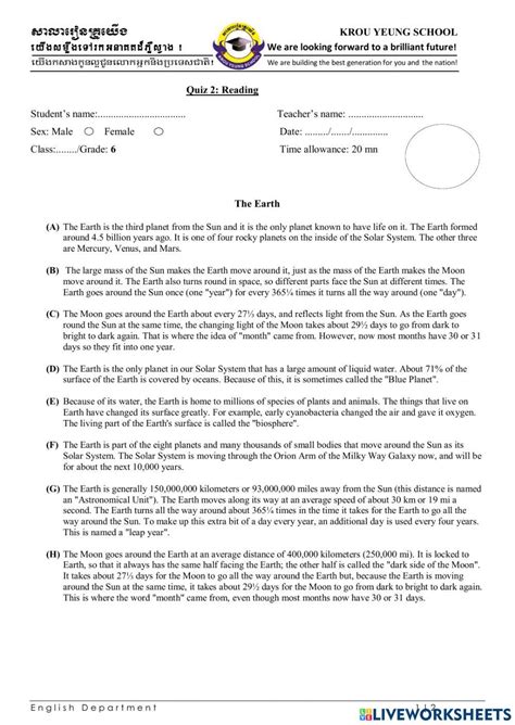 Reading Quiz 2 Worksheet Live Worksheets