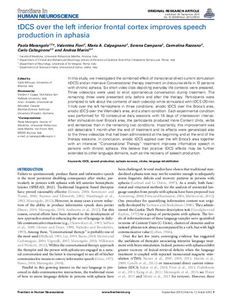 Pdf Tdcs Over The Left Inferior Frontal Cortex Improves Speech Production In Aphasia